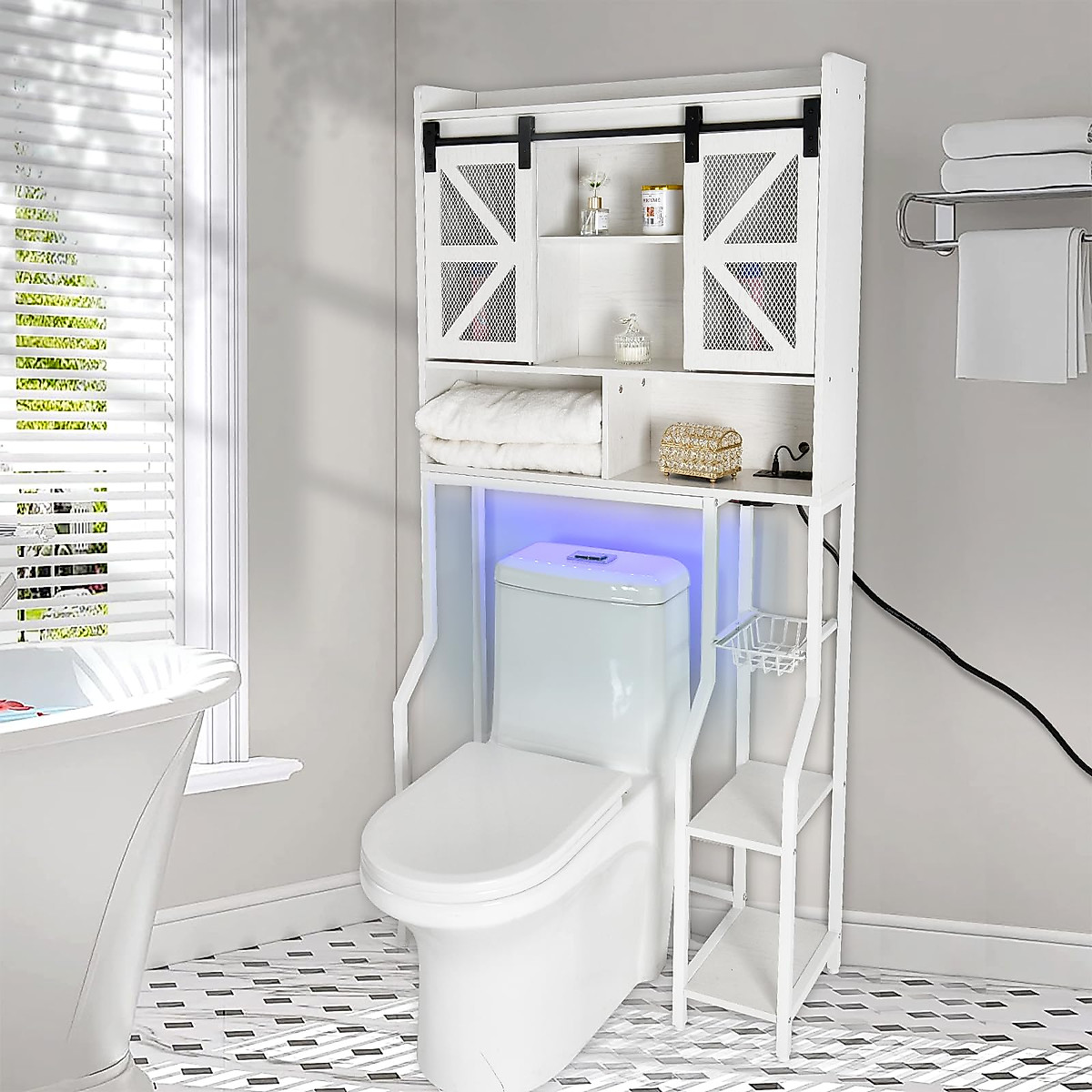 CHANFOK Over The Toilet Storage Cabinet, Storage Cabinet Over Toilet with 2 Barn Door and Toilet Paper Holder Stand,RGB Light Strip,Home Space-Saving Toilet Rack, for Bathroom, Restroom, Laundry