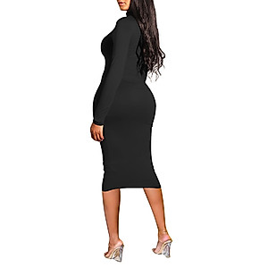 Pink Queen Womens Turtleneck Long Sleeve Knee Length Bodycon Midi Dress L Black