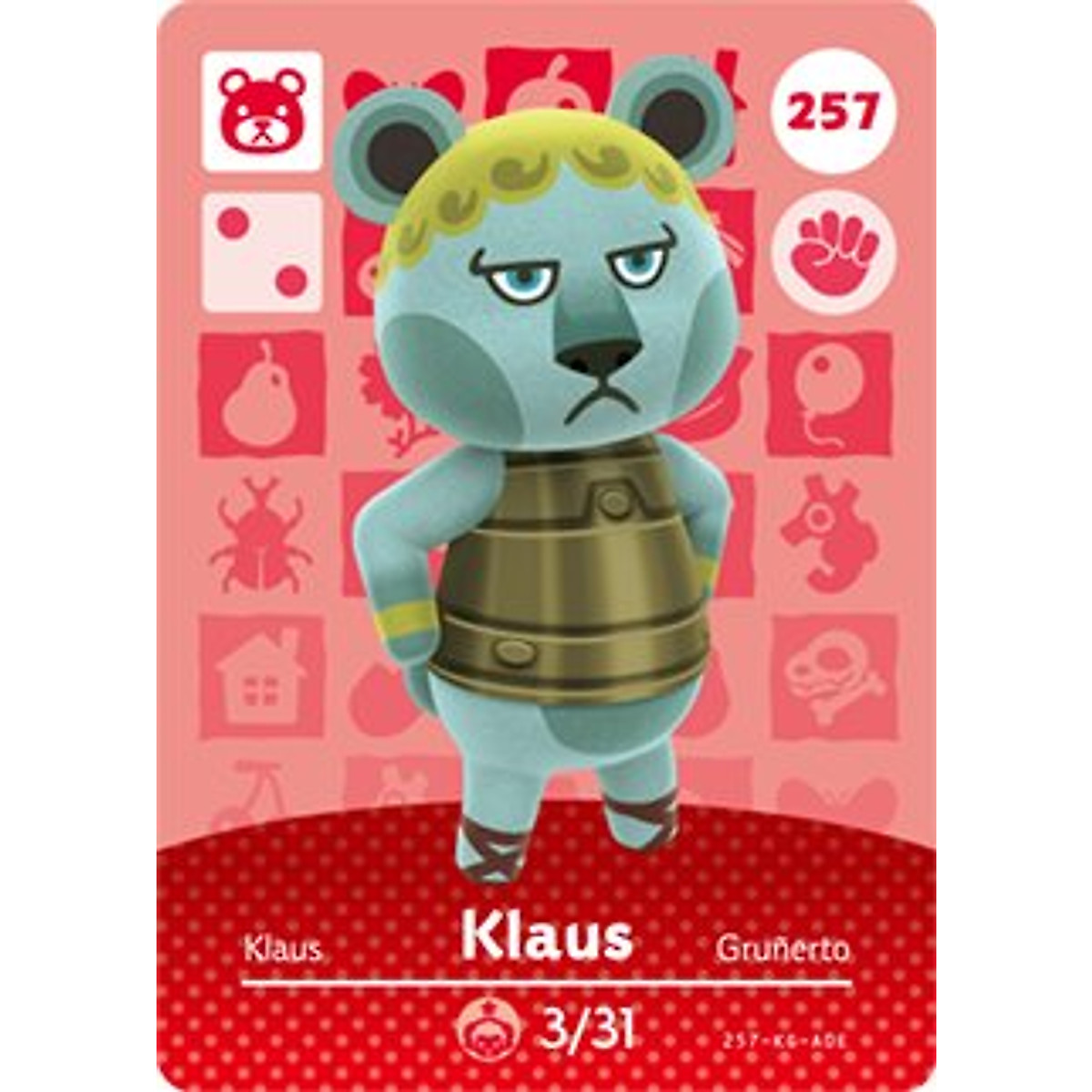 Klaus - Nintendo Animal Crossing Happy Home Designer Amiibo Card - 257