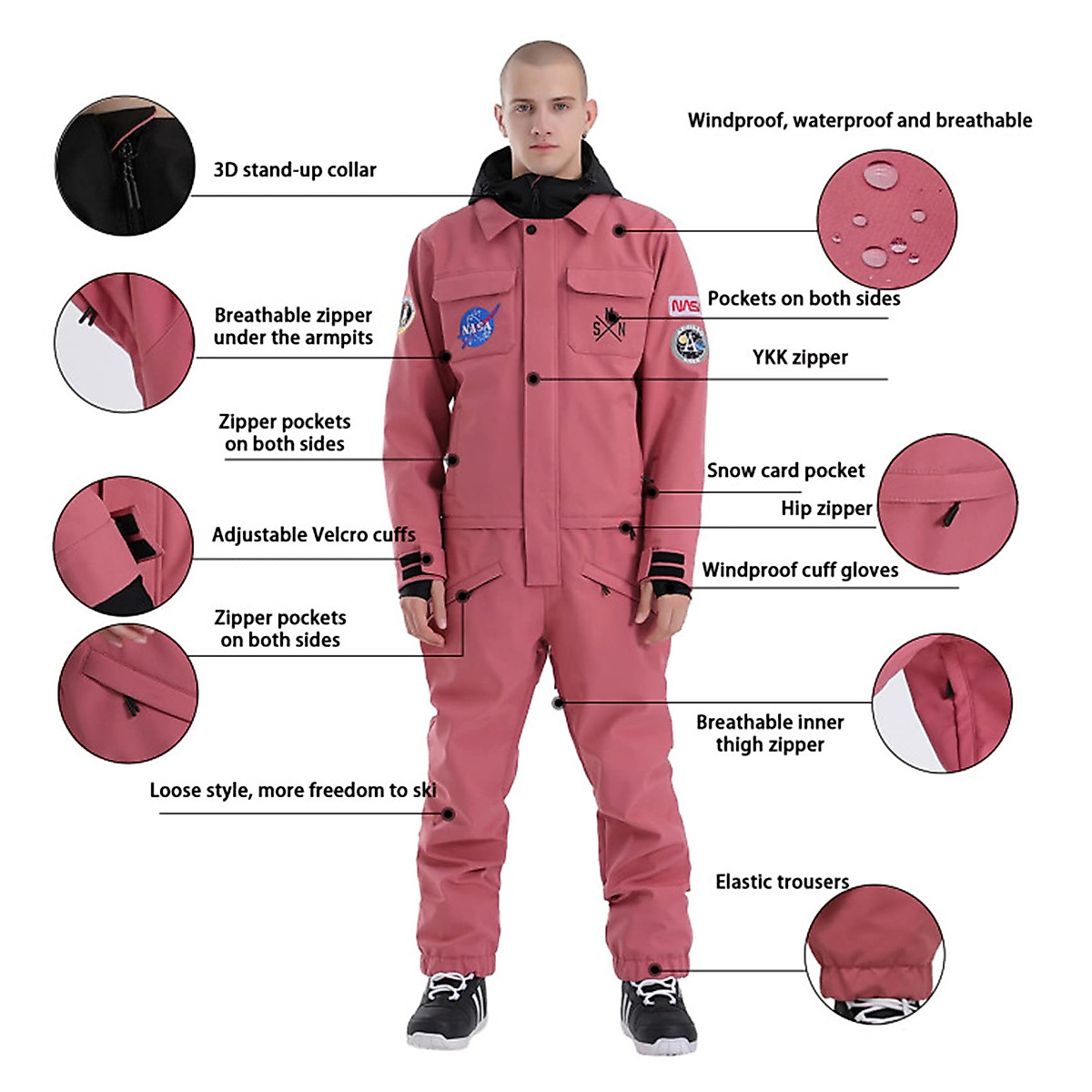 GSOU SNOW Men Ski Suit One Piece Snowsuit Snowboard Insulated Ski Jumpsuit Waterproof Windproof for Skiing Outdoor