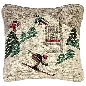 Chandler 4 Corners Artist-Designed Single Chair Ski Lift Hand-Hooked Wool Decorative Throw Pillow (18” x 18”)