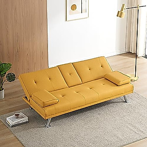 ME2 67" Sleeper Sofa Faux Leather Futon Sofa Bed w/Removable Armrests & Cupholders, Convertible Upholstered Folding Loveseat Folding Daybed Guest Sofa Bed for Living Room,Apartment,Dorm,Yellow