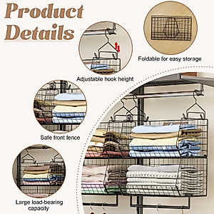 Yociyoga 2 Tier Closet Hanging Organizer with Rod, Foldable Hanging Closet Organizer, Hanging Closet Shelves with 4 Hooks,Wire Hanging Storage Basket Bins for Clothing Sweater Socks Bag Wardrobe Black