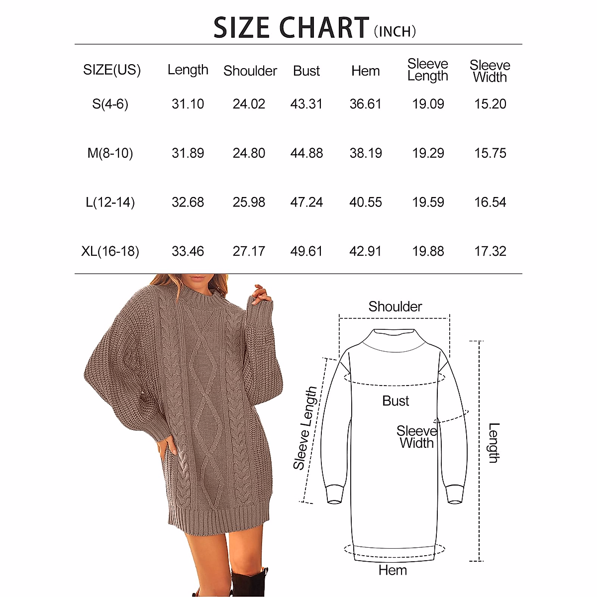 LILLUSORY Women's Crewneck Oversized Sweater Dress 2024 Fall Fashion Cable Knit Long Sleeve Dresses Chunky Pullover Tops Nutmeg XL