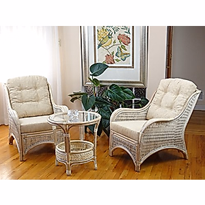 Jam Lounge Living Accent Armchair Natural Rattan Wicker Handmade Design with Cream Cushion, White Wash