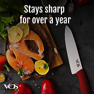 Vos Universal Knife Block and Ceramic Kitchen Knives With Peeler, Ceramic Paring Knife 4", 5", 6", 7", 8" Inch Red