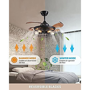 Siljoy 36” Farmhouse Ceiling Fan with Lights and Remote, Industrial Caged Retractable Ceiling Fan, 6 Wind Speeds Rustic Ceiling Fan for Patio Kitchen Bedroom Living Room, Black