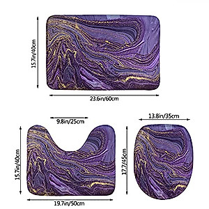 WONDERTIFY Marble Ripple Bathroom Antiskid Pad Violet Marbling Texture 3 Pieces Bathroom Rugs Set, Bath Mat+Contour+Toilet Lid Cover Purple Gold Glitter Powder Silver
