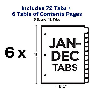 Avery Monthly Dividers for 3 Ring Binders, Customizable Table of Contents, Multicolor Tabs, 6 Sets (11830)