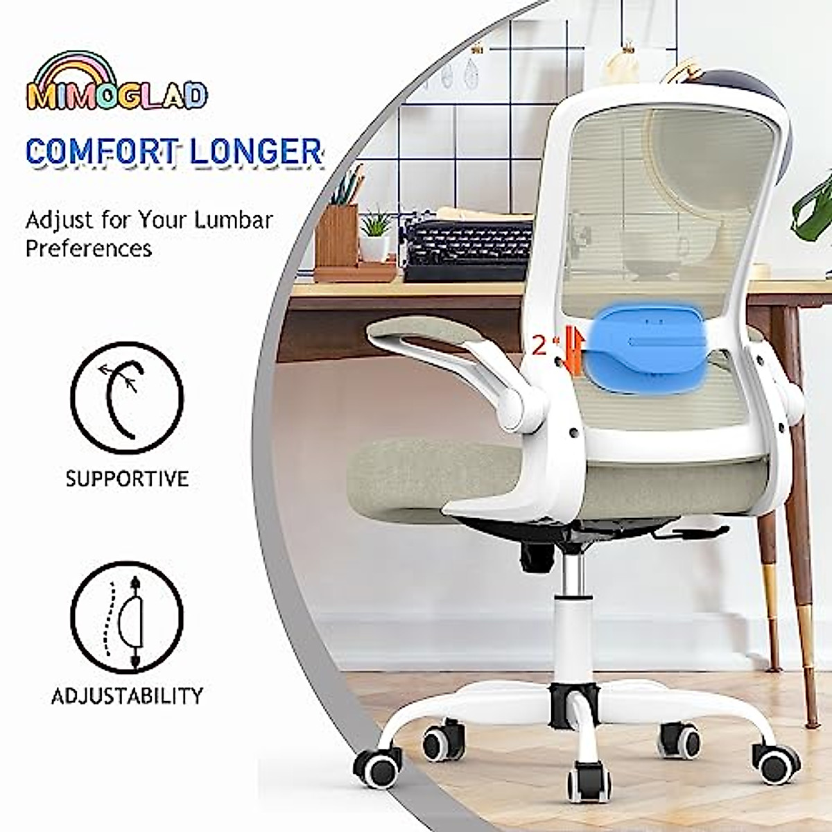 Mimoglad Home Office Chair, High Back Desk Chair, Ergonomic Mesh Computer Chair with Adjustable Lumbar Support and Thickened Seat Cushion (Modern, Beige)