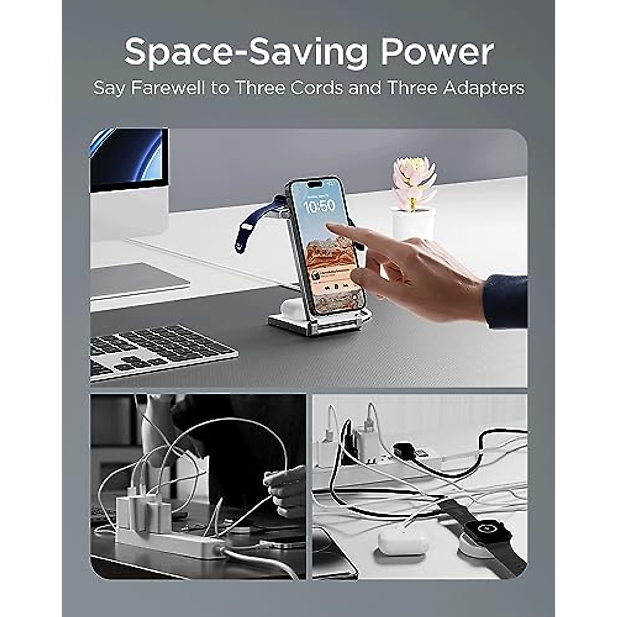 Magnetic Charging Station,Hohosb 3 in 1 Foldable Zinc Alloy Wireless Charger Stand[Compatible with Magsafe Charger] for iPhone 15/14/13/12 Series, AirPods Pro/3/2,Apple Watch/iWatch-White