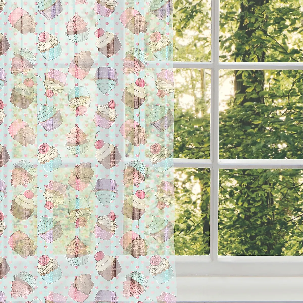 Ambesonne Dessert Tulle Curtains with Rod Pocket, Repeating Pattern of Yummy Cupcakes with Rose and Cherry Toppers on Hearts Backdrop, Sheer Drape for Wedding Party 2 Panels, 108" x 72", Multicolor