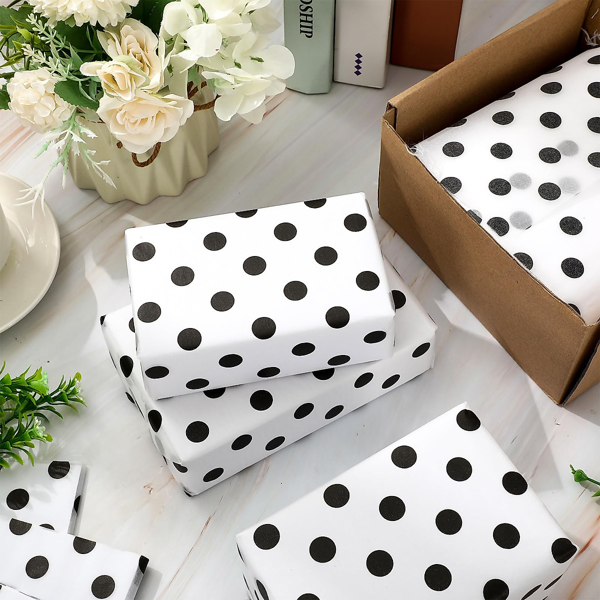 Whaline 100 Sheets Polka Dot Tissue Paper Gift Wrapping Paper White Black Art Paper for Birthday Baby Shower Party DIY Crafts Supplies, 14 x 20 Inch
