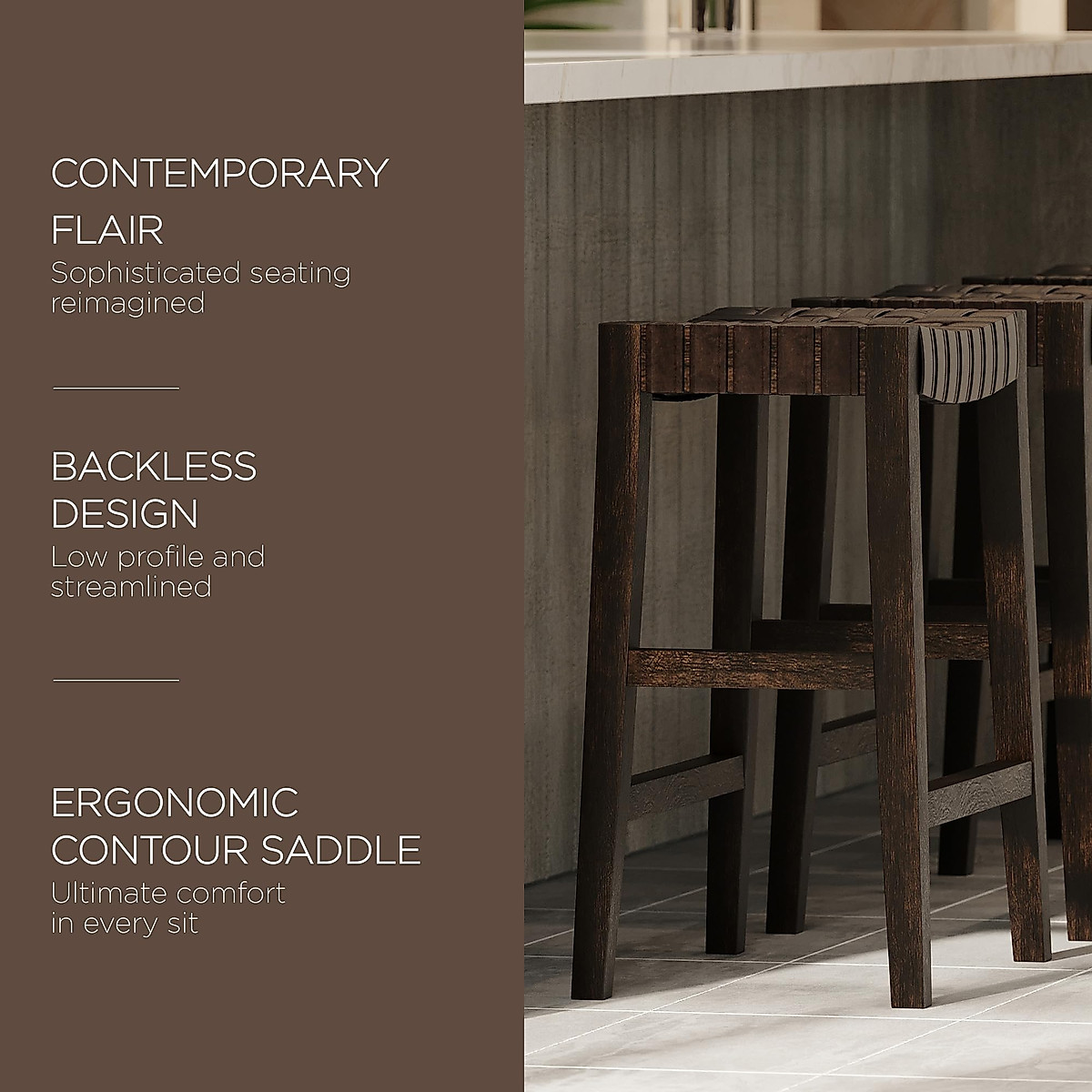 Maven Lane Emerson 26 Inch Tall Counter Height Backless Saddle Barstool in Weathered Brown Wood Finish with Marksman Saddle Vegan Leather Seat