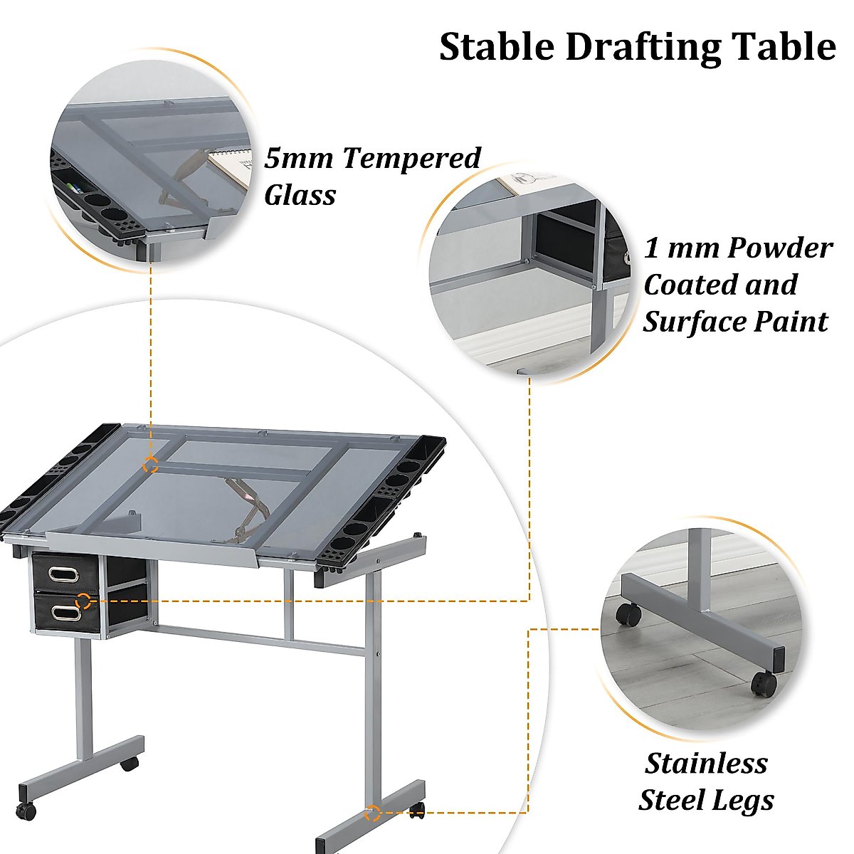 Olela Drafting Desk, Height Adjustable Drafting Table Versatile Art Craft Artists Paintings Storage Work Station with Tilting Temped Glasses Tabletop and Stool (Drawing Table - 3)