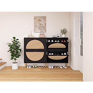ZeHuoGe Natural Rattan Shoe Cabinet with 2 Flip Drawers, Black Shoe Shelf Organizer with Circle Rattan Doors, for Entryway Narrow Storage Cabinet for Heels, Slippers (Black)