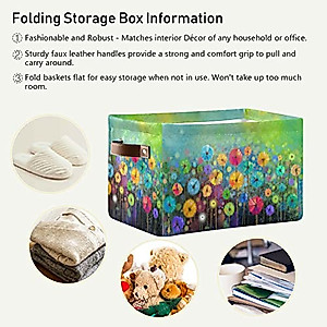 Foldable Storage Basket Green,Spring Flower Decorative Organizer Basket with PU Handles, Baskets for Shelves Home Closet Bedroom Living Room - 1 Pack