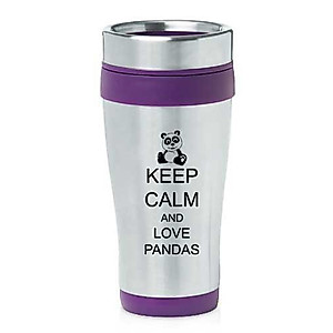 Purple 16oz Insulated Stainless Steel Travel Mug Z1247 Keep Calm and Love Pandas