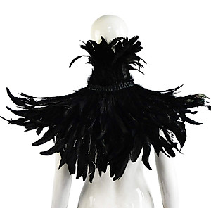 L'VOW Black Feather Shrug Cape Raven Crow Shawl Collar Maleficent Halloween Black Swan Costumes for Women(Black003)