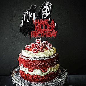PALASASA Have a Killer Birthday Glitter Cake Topper,For Horror Classic Halloween Bloody Theme Birthday Party Cake Decorations (Death Killer)