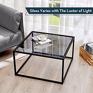 SAYGOER Glass Coffee Table, Small Modern Coffee Table Square Simple Center Tables for Living Room 26.7 x 26.7 x 15.7 Inches, Gray Black