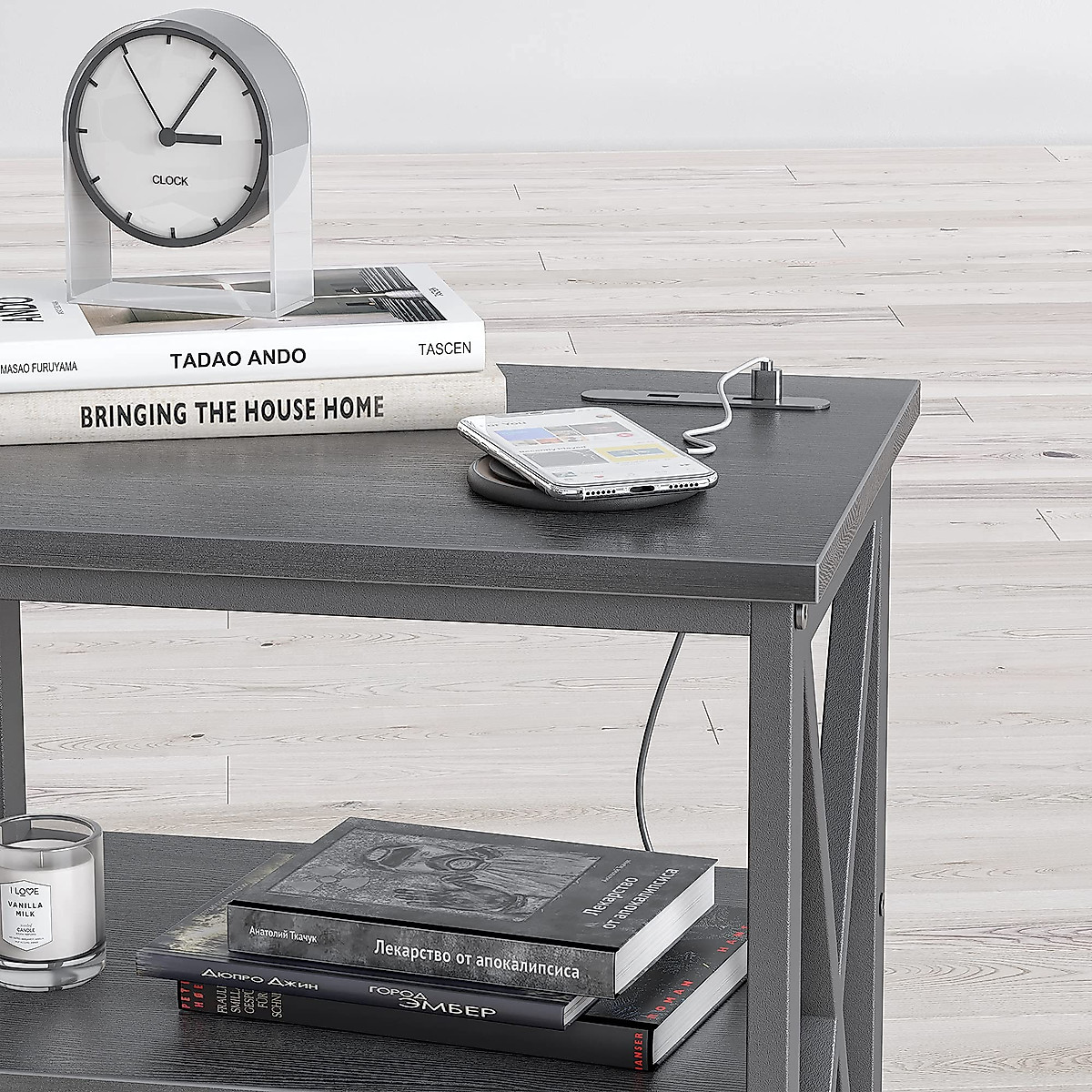 CubiCubi Oxford Side Table, Dual USB Charging Ports End Table, Nightstand Steel Frame, Home Decorative for Living Room Bedroom, Wooden Shelves and Rustic Style, Black