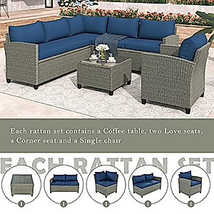 EMKK Outdoor Patio Furniture Conversation Set 5 Pieces All Weather PE Wicker Rattan Sectional Sofa Couch with Cushions and Glass Table for Lawn, Backyard, Garden, C-Blue