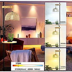 QIYIZM Floor Lamp with Table and Shelves for Living Room Bedroom Rattan Shelf Floor Lamps with Remote Boho Dimmable Standing Lamp Wicker Bamboo Wood Farmhouse Black Tall Lamp Rustic Floor Light