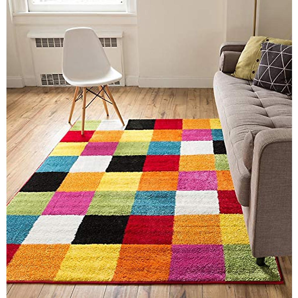 Well Woven Modern Rug Squares Multi Geometric Accent 5' x 7' Area Rug Entry Way Bright Kids Room Kitchn Bedroom Carpet Bathroom Soft Durable Area Rug
