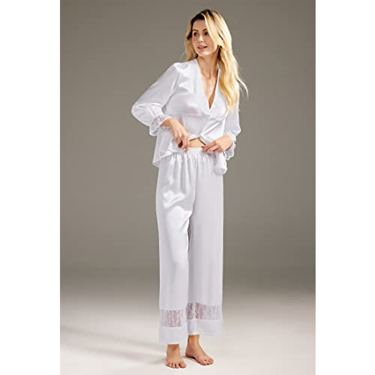 AW BRIDAL 2Pcs Comfy Womens Loungewear Set Pj Set V-Ncek Silk Pajamas For Women, Long Satin Pajamas Women, White, L| Bridal Party Pajamas Bride Gifts Bridesmaid Gifts For Wedding Day