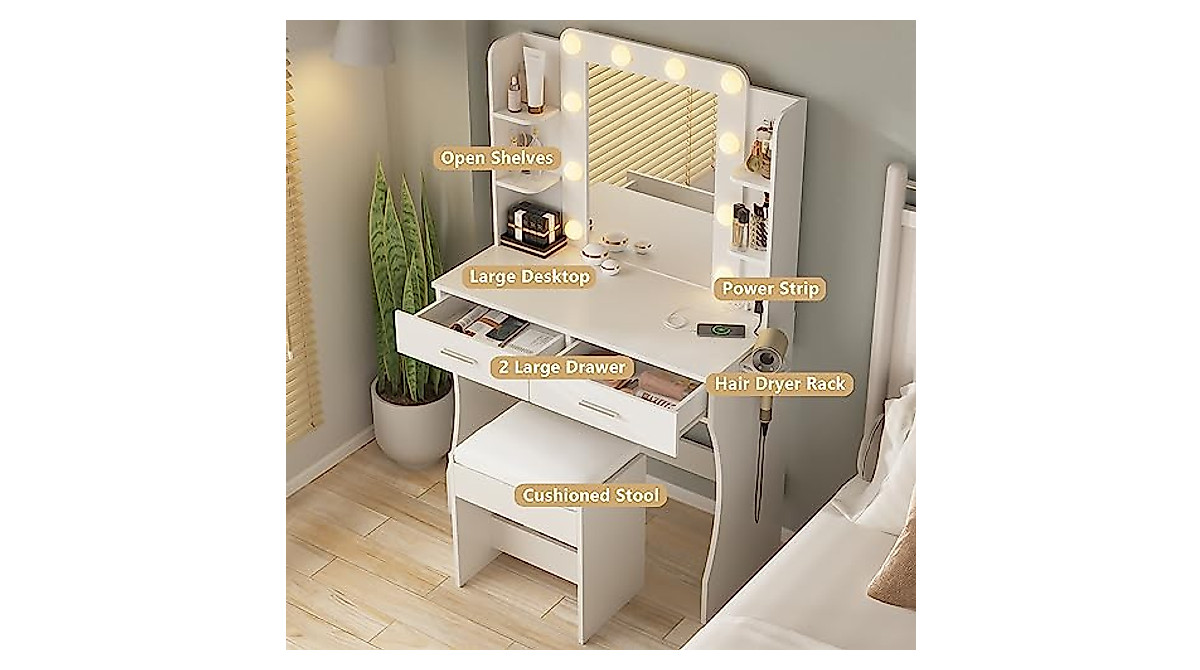 Vanity Desk with Lights - Modern Makeup Vanity with Storage