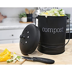AuldHome Black Enamelware Compost Bin, Farmhouse Compost Can Set with Lid and Charcoal Filters, 1.3 Gallon