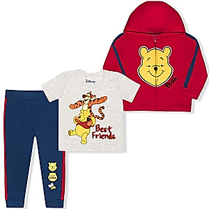 Disney Winnie The Pooh Baby Boys 3 Piece T-Shirt, Zip Up Hoodie and Pants for Infant and Toddler