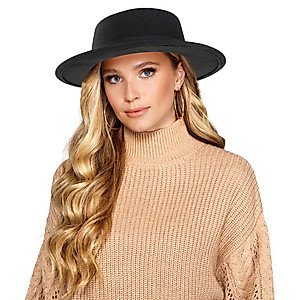 Classic Flat Top Fedora for Women - Mens Bowknot Porkpie Felt Boater Hat (Size: S-M) Black