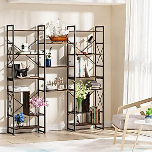 KIDSU Large Bookshelf,Industrial Bookacse with 15 Open Display Shelves,Triple Wide 5 Tier Wood and Metal Bookshelf,Modern Grey Bookshelve for Living Room,Office,Bedroom (Rustic Brown)