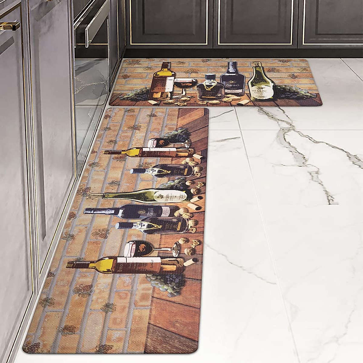 LEEVAN Kitchen Rug Set, Kitchen Floor Mats 2 Piece PVC Leather Anti Fatigue Comfort Heavy Duty Standing Mat Waterproof Oil Proof Non-Skid Rubber Back Washable Doormat Bathroom Area Rug Carpet