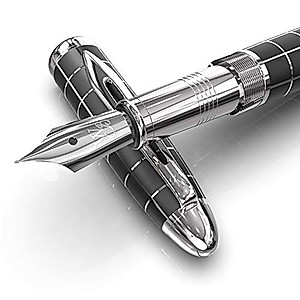 Wordsworth & Black Majesti Fountain Pen - (Checked), Luxury Case, Chrome Finish, Iridium Medium Nib - 24 Ink Cartridges, Refillable Ink Converter-Calligraphy Pen-Best Business Gift Set for Men & Women