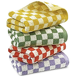 Hand Towels for Bathroom 4 Pack, Cotton Face Towels Soft Absorbent for Spa Bath Gym Kitchen, Hand Towel Set Decorative Checkered, 13 x 29 Inches, 4 Colors
