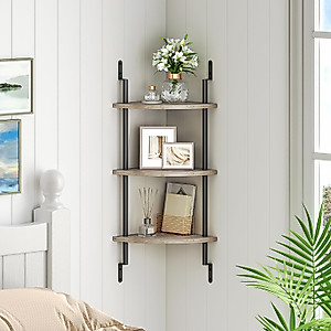 HOOBRO 3-Tier Corner Shelf Wall Mounted, Corner Floating Shelves, Corner Storage Rack, Plant Display Shelf, Corner Bookshelf for Wall in Living Room, Kitchen, Study, Greige and Black BG36BJ01