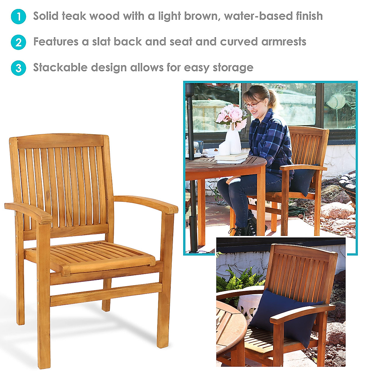 Sunnydaze Stackable Wooden Outdoor Patio Dining Armchair with Slat Back - Light Brown Finish