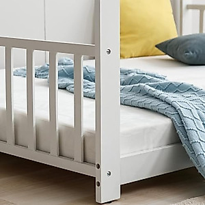 Pipleo Full Size Floor Bed, Wood House Bed with Headboard and Footboard, Montessori Wood Bed, Playhouse Toddler Floor Bed Frame for Boys, Girls, No Box Spring Needed (White, Full Size)