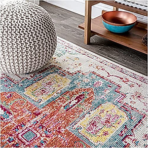 JONATHAN Y CAV100A-3 Zafra Vintage Medallion Indoor Area-Rug Bohemian Floral Rustic Easy-Cleaning High Traffic Bedroom Kitchen Living Room Non Shedding, 3 ft x 5 ft, Coral/Blue/Multi