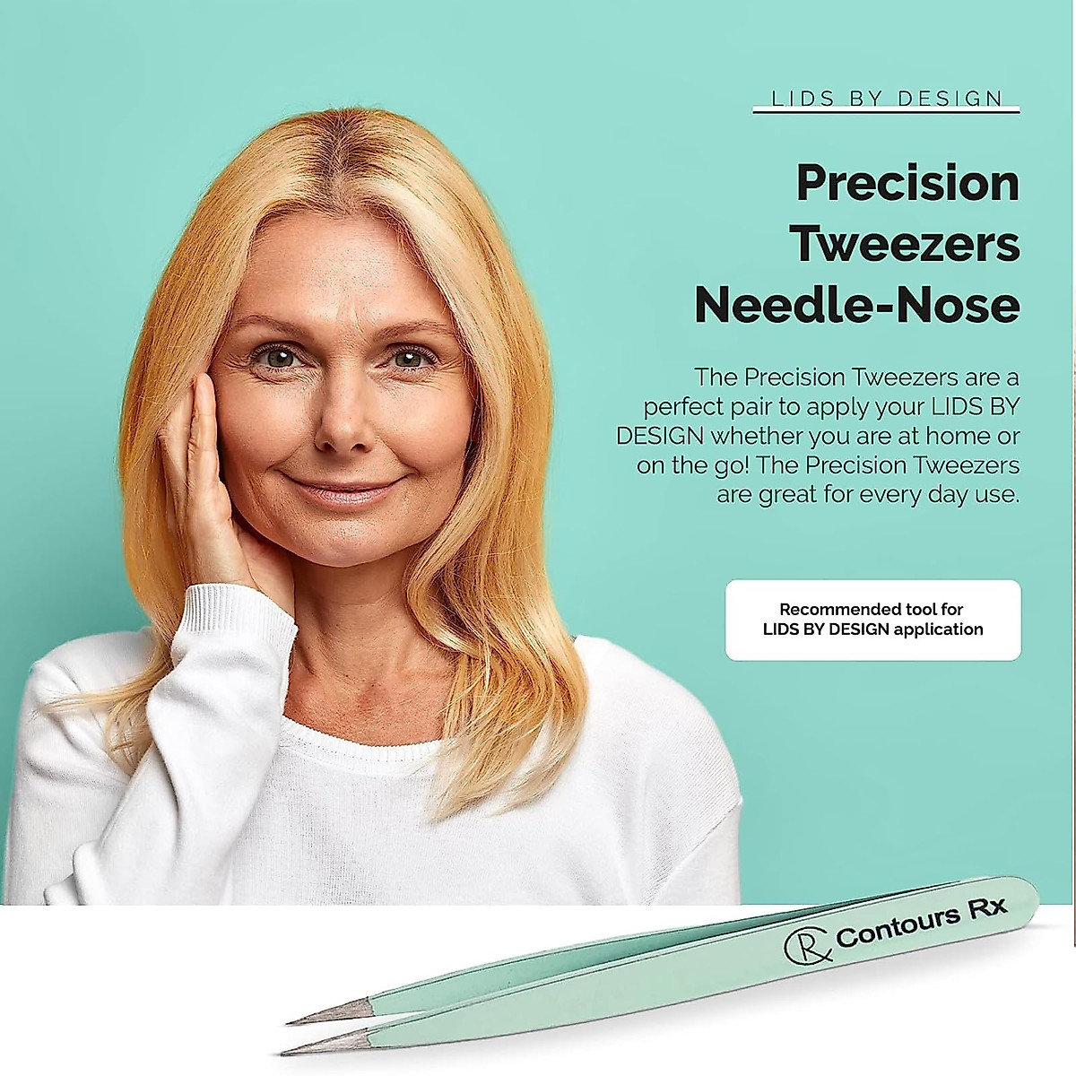 Contours Rx Precision Tweezers - Stainless Steel Needle Nose Tweezers for Eyebrows, Facial Hair & Lash Extensions - Precise Placement of Lids by Design Correcting Strips (3 inch)