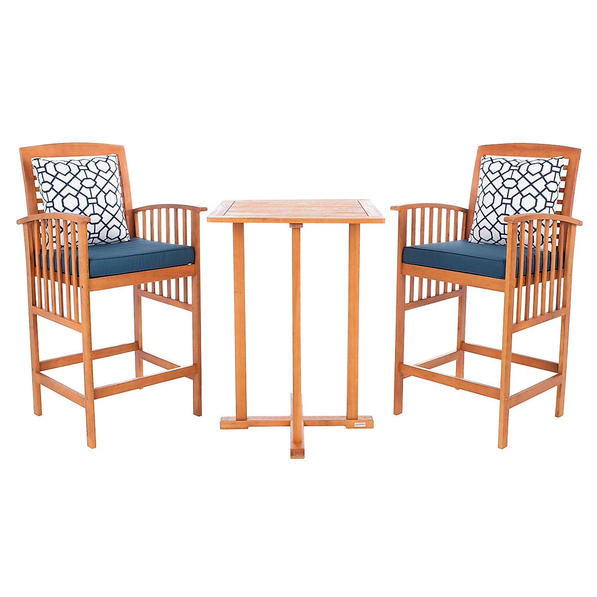 SAFAVIEH Outdoor Collection Pate Natural/ Navy Cushions/ Geometric Pattern Pillows 3-Piece Bar Table Bistro Set
