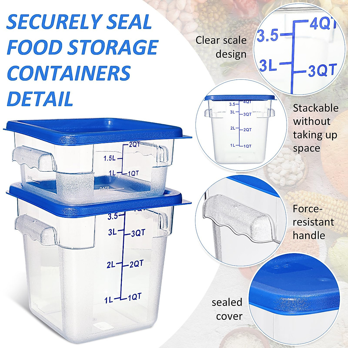 Yungyan 8 Pcs Restaurant Food Storage Containers with Lids Set 2Qt and 4Qt Commercial Restaurant Square Storage Containers Clear Food Cereal Container for Kitchen Freezer and Dishwasher Safe