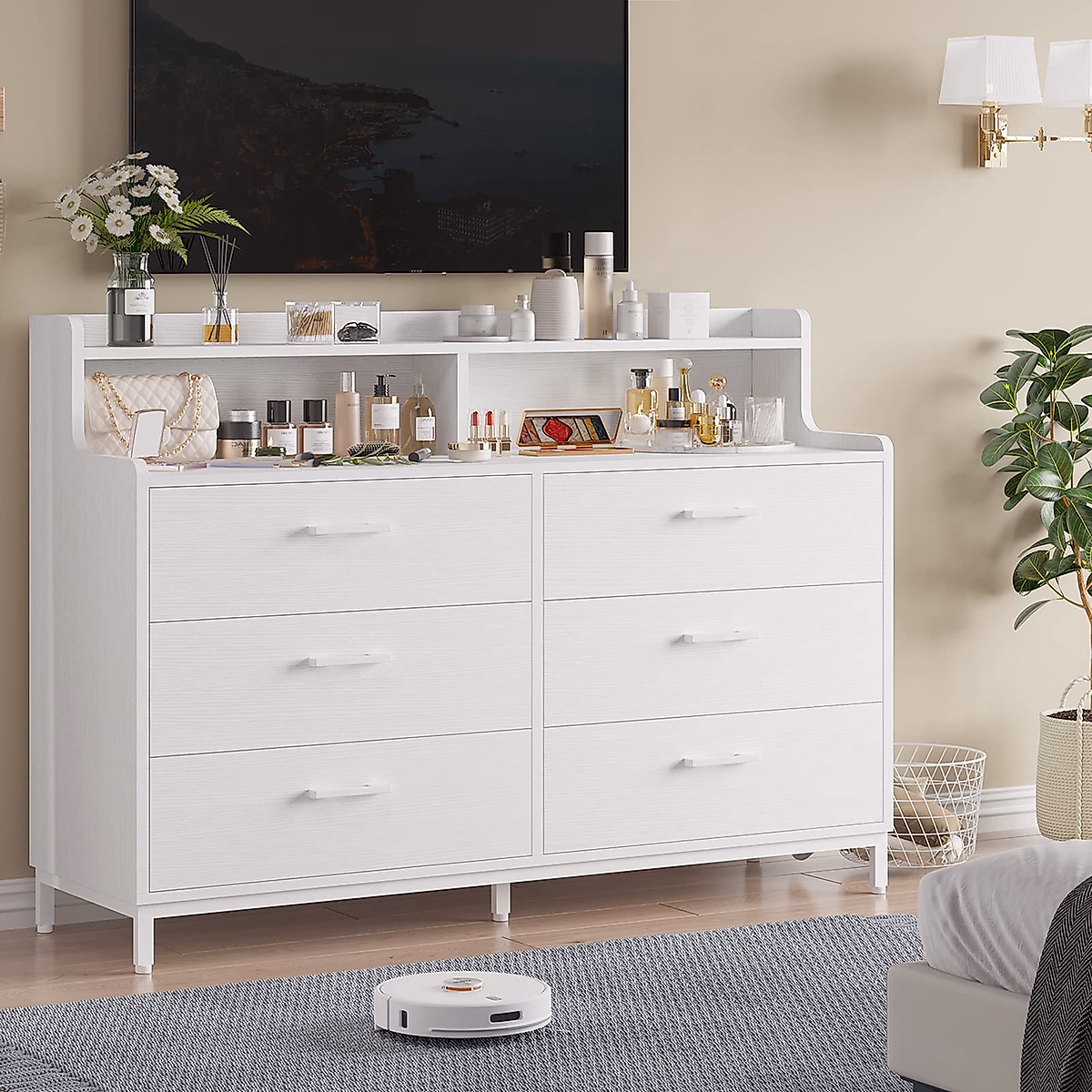 Hasuit White Dresser for Bedroom with 6 Drawers and Storage Shelves, Wide Chest of Drawers with Sturdy Steel Legs, Large Wooden Storage Tower Dresser Organizer, Dresser for Bedroom, Clost, Entryway