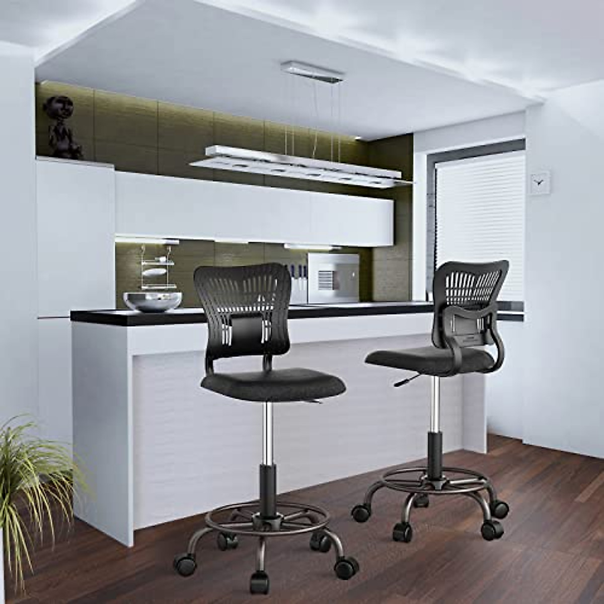 PALONE Bar Stools Adjustable Barstools Modern Design Counter Height Bar Stools with Backrest 360°Swivel Stools for Kitchen Counter with 5 Rollers Set of 2 Black