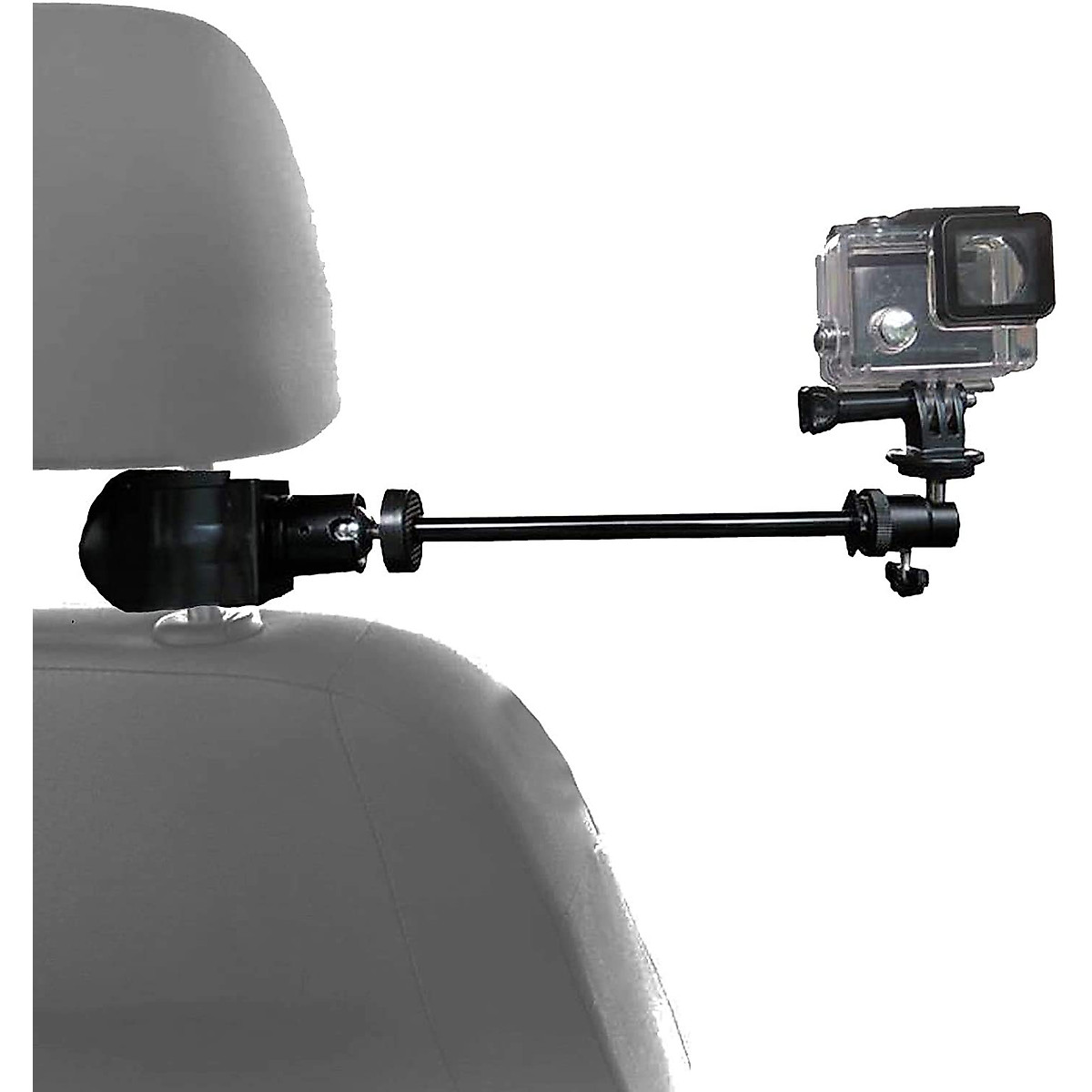 3in1 Universal Car Headrest Mount Holder for All Camcorder/Action Camera/Smartphone with Dual Adjustable Positions and 360° Rotation, for car Shooting vlogging Video Recording