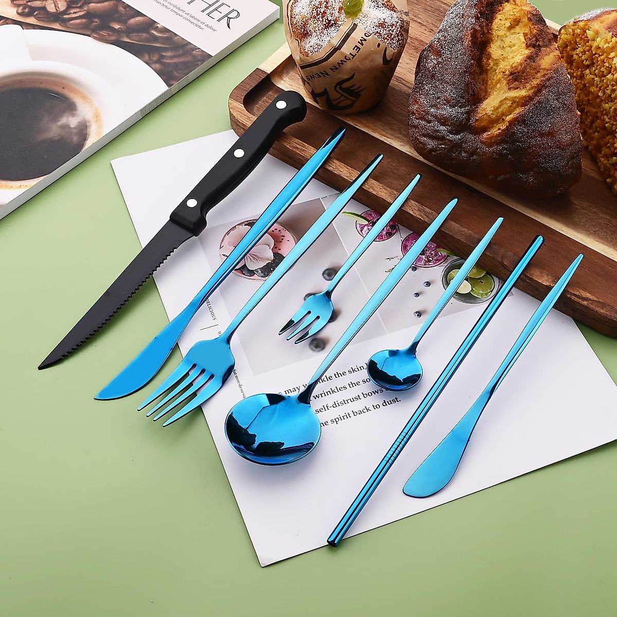 Uniturcky 62-Piece Blue Flatware Set for 8 Stainless Steel Silverware Set with Steak Knives, Plus Reusable Metal Straws and Butter Knives, Party Tableware Cutlery Set, Mirror Polished