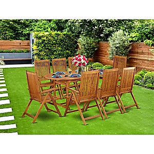 East West Furniture BSCN9NC5N Beasley 9 Piece Patio Bistro Dining Furniture Set Includes an Oval Outdoor Acacia Wood Table and 8 Folding Adjustable Arm Chairs, 36x78 Inch, Natural Oil